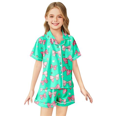 Tween Girls Silk Pajamas Set Bowknot Printed 2 Piece Set Short Sleeve