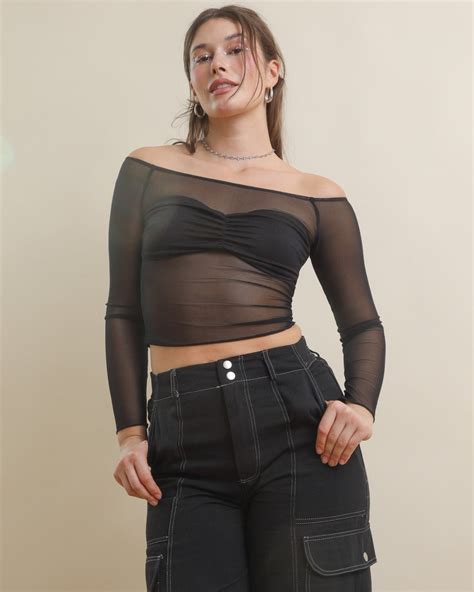 Black Off Shoulder Sheer Mesh Ruched Bust Long Sleeve Crop Top Cindy