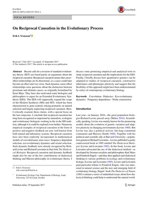 Pdf On Reciprocal Causation In The Evolutionary Process