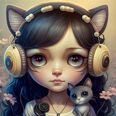 Linda Chica Morena Kawaii Anime Usando Auriculares Con Ilustración De