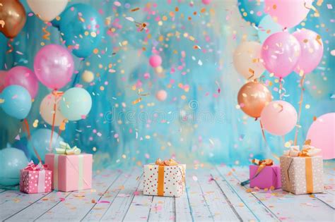 Brightly Colored Balloons Confetti And Presents Adorn A Festive