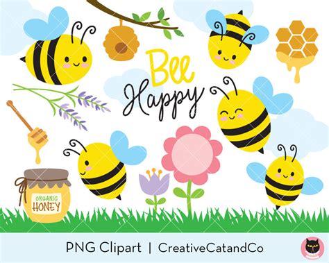Bee Clipart Cute Spring Bee Flower And Honey Happy Bee With Etsy