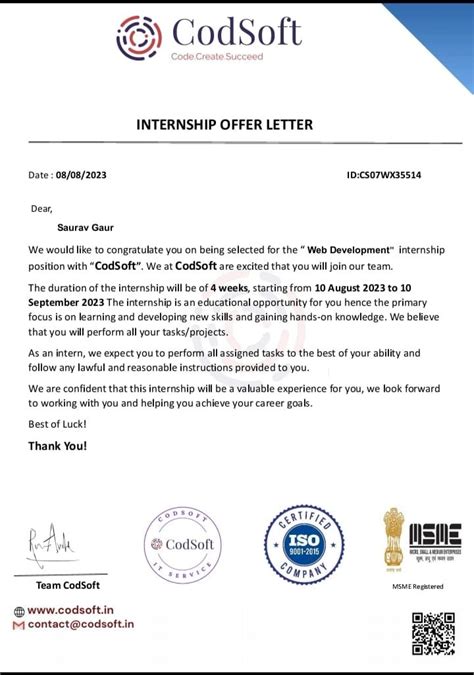 Saurav Gaur On Linkedin Codsoft Internship2023 Opportunity Webdevelopement Offerletter