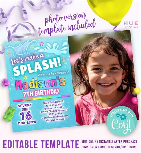 Girls Splash Pad Party Invitation With A Photo Sprinkler Park