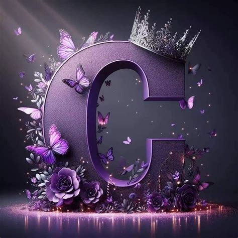 G Initial With Purple Flowers And Butterflies