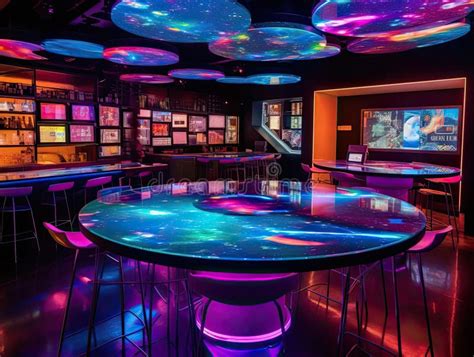 Futuristic Cafe With Pulsating Lights And Interactive Menu Stock Illustration Illustration Of