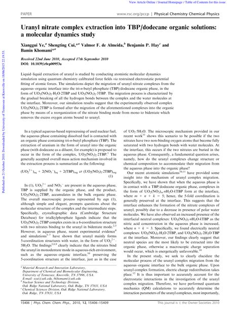 Pdf Uranyl Nitrate Complex Extraction Into Tbp Dodecane Organic
