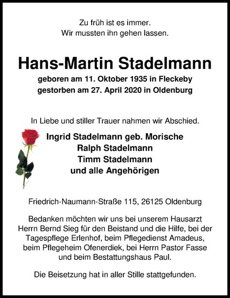 Traueranzeigen Von Hans Martin Stadelmann Nordwest Trauerde