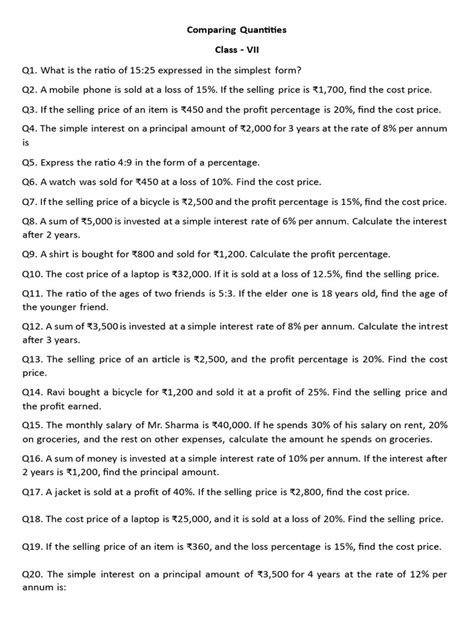 Class 7 Comparing Quantities Pdf Interest Percentage