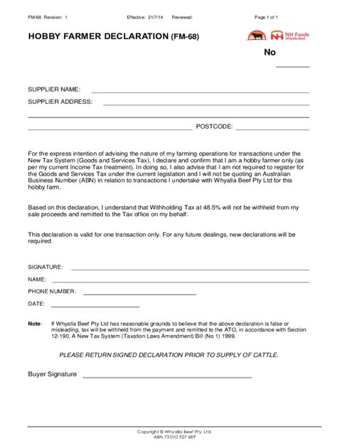 Fillable Online Hobby Farmer Declaration Fm 68 Nh Foods Fax Email Print Pdffiller