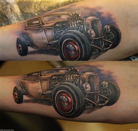 Grey Ink Hot Rod Car Tattoo On Arm Hot Rod Tattoo Design Ideas Rat