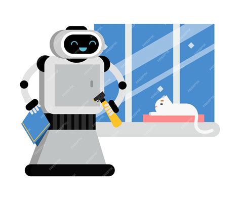 Premium Vector Kind Robot Home Assistant Is About To Washes A Window Vector Illustration
