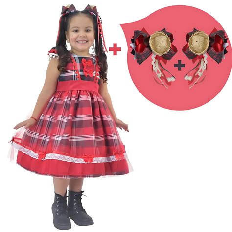 Kit Vestido Festa Junina São Joao Quadrilha Xadrez Vermelho 2 Laços