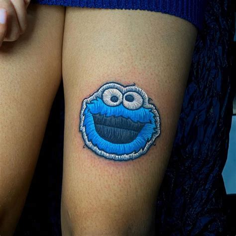 Cookie Monster Patch Tattoo Done On The Thigh
