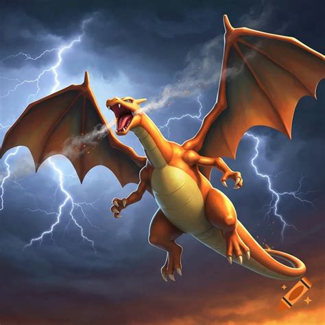 An Orange Charizard With Large Wings Flies Through A Dark Stormy Sky
