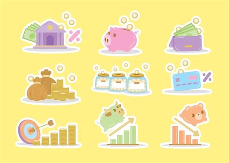 Premium Vector Cute Kawaii Financial Graphic Element Vector Set
