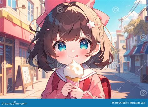 Cute Anime Chibi Girl Eating Ice Cream On A Summer Street Royalty Free