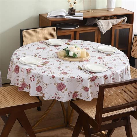 Round Vinyl Tablecloth With Flannel Backing Waterproof Oil Proof Pvc