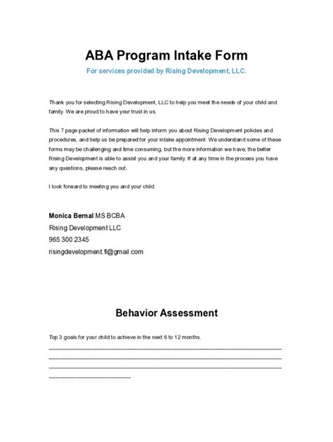 Fillable Online Aba Program Intake Form Fax Email Print Pdffiller