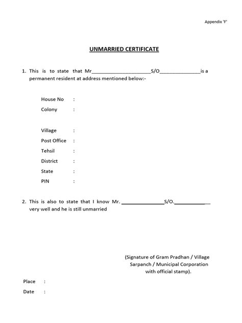 Unmarried Certificate Format Template Pdf