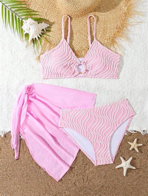 Teen Girl Round Buckle Swimsuit Set Including Bra Bikini Bottom And
