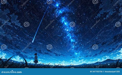 Anime Girl Standing Under The Milky Way Surrounded By Shooting Stars