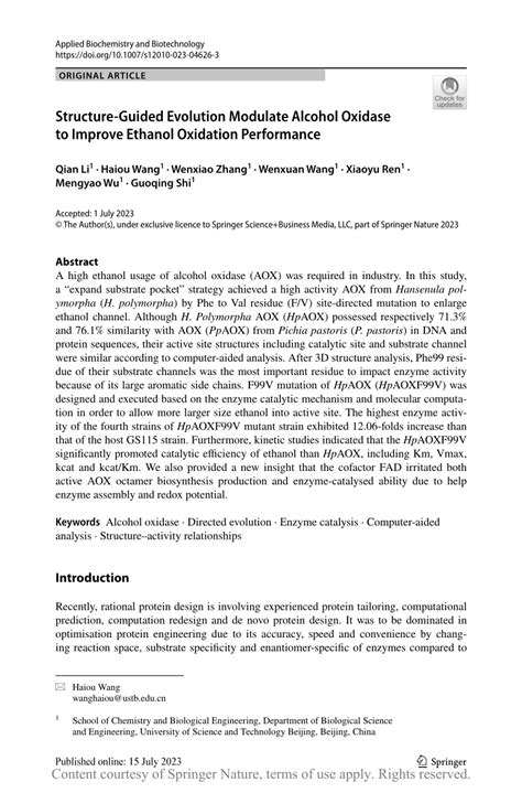 Structure Guided Evolution Modulate Alcohol Oxidase To Improve Ethanol