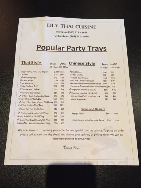 Lily Thai Cuisine Menu In Georgetown Ontario Canada