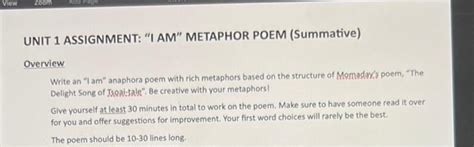 Unit 1 Assignment I Am Metaphor Poem Summative
