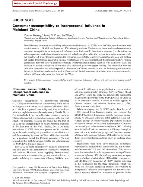Pdf Consumer Susceptibility To Interpersonal Influence In Mainland China