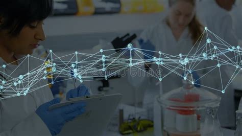 Scientists In Laboratory Processing Data And Network Of Connections