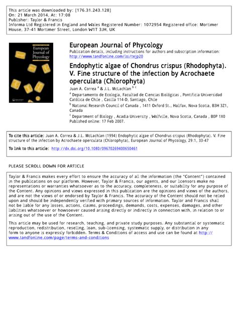 Pdf Endophytic Algae Of Chondrus Crispus Rhodophyta Vfine