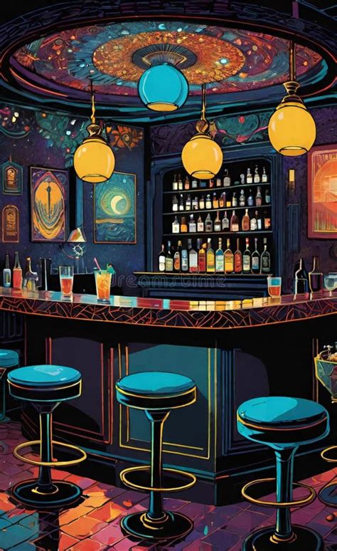 Bright Stylized Illustration On The Theme Of Retro Night Life Cocktail Bar Artistic