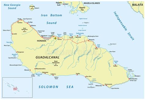 Detailed Map Of The Solomon Islandguadalcanal Stock Vector Illustration Of Honiara Cape
