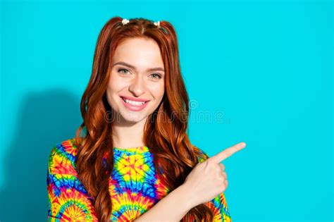 Photo Portrait Of Pretty Young Girl Point Empty Space Wear Trendy