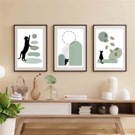 Sage Green Art Cat Wall Decor Prints Posters Veterinary Art Set Of 3