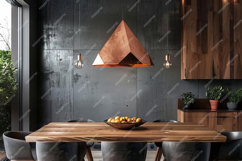 Dining Room With Geometric Pendant Light Wooden Dining Table Sleek