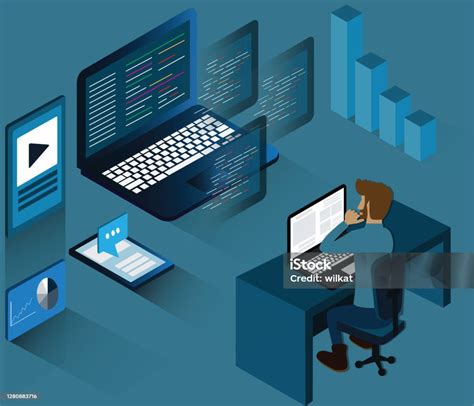 compueter 프로그래밍 개념의 평면 디자인 남자는 웹 사이트를 개발하기 위해 컴퓨터 프로그램을 작성하고있다 벡터 개념에