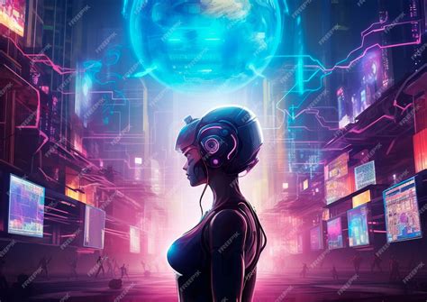 ネオンカラーと未来的なテクノロジーを使ったサイバーパンクイラスト Ai生成画像