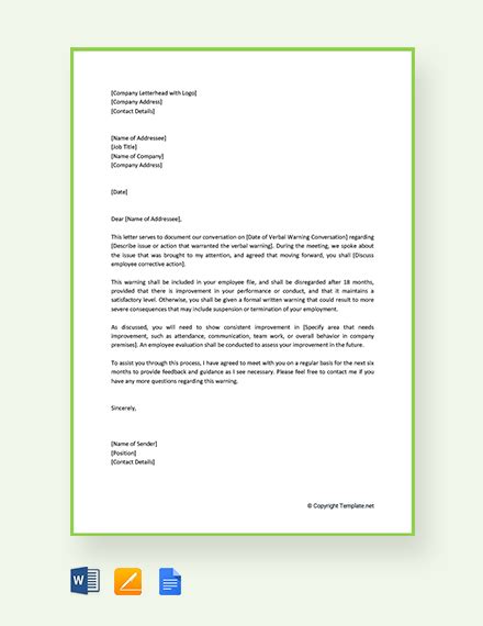 Free Employee Verbal Warning Letter