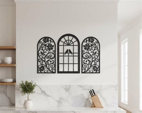 Arched Window Floral Metal Wall Art Set Farmhouse Living Room Decor