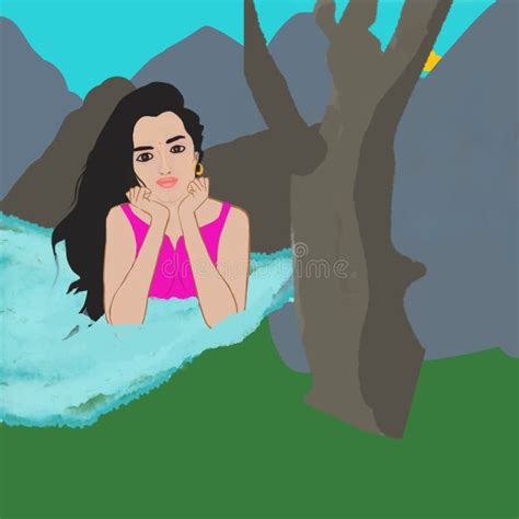 Beautiful Female Model Smile Pose In River Water Swimming Stock