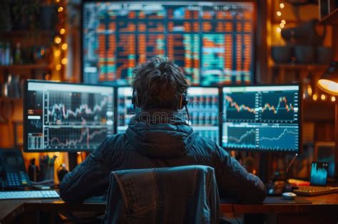 Professional Trader At Work High Tech Trading Setup With Multiple Screens And Data Charts
