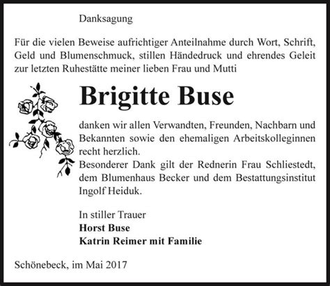 Traueranzeigen Von Brigitte Buse Abschied Nehmende