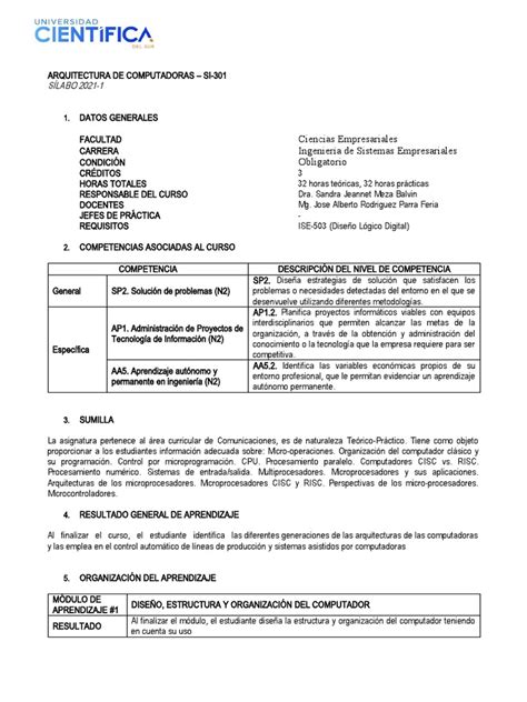 Silabo Arquitectura De Computadoras 2021 1 Descargar Gratis Pdf Unidad Central De
