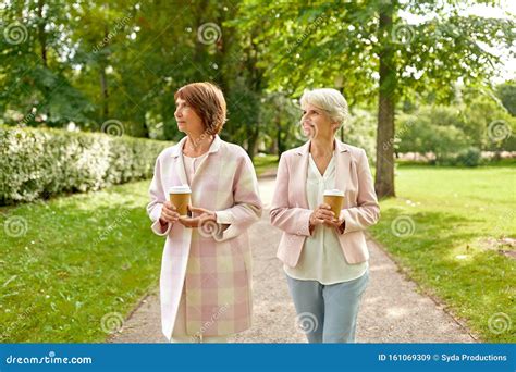 Senior Women Or Friends Drinking Coffee At Park Stock Image Image Of