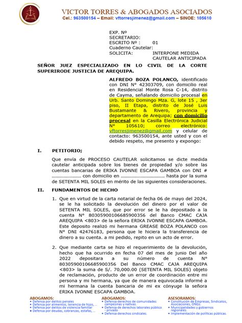 Escrito Solicitando Medida Cautelar Anticipada Pdf Mandato Justicia