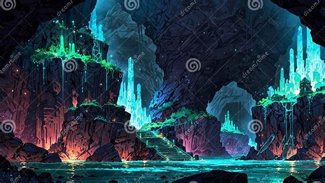 Subterranean City Carved Into Cavern Walls With Glowing Crystals