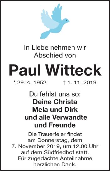 Traueranzeigen Von Paul Witteck Trauernnde