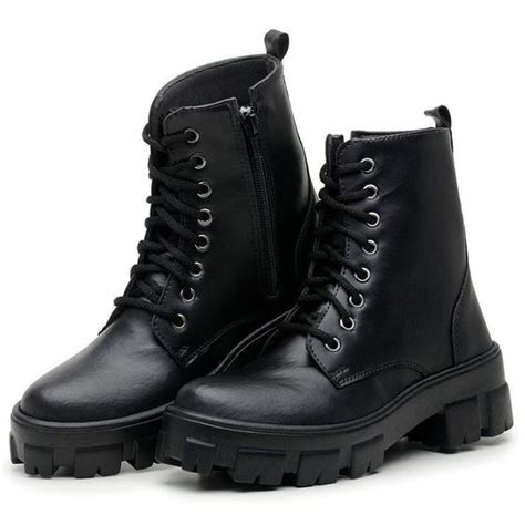 Bota Coturno Plataforma Tratorada Feminina Militar Cadarço E Ziper Sola